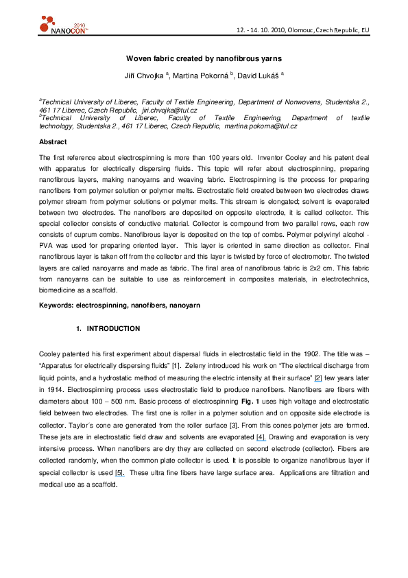 (PDF) Woven Fabric Created by Nanofibrous Yarns