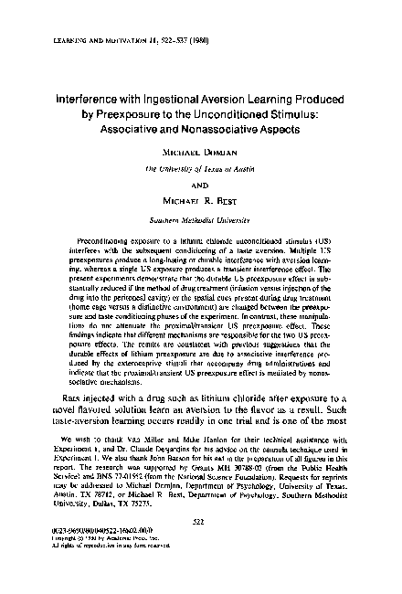 (PDF) Interference with ingestional aversion learning produced by ...