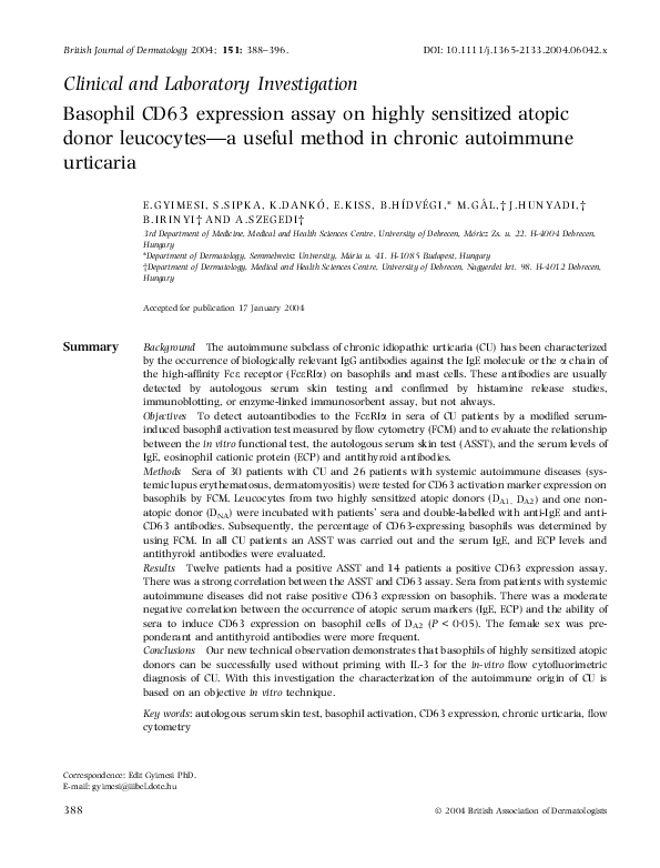 (PDF) Basophil CD63 expression assay on highly sensitized atopic donor ...