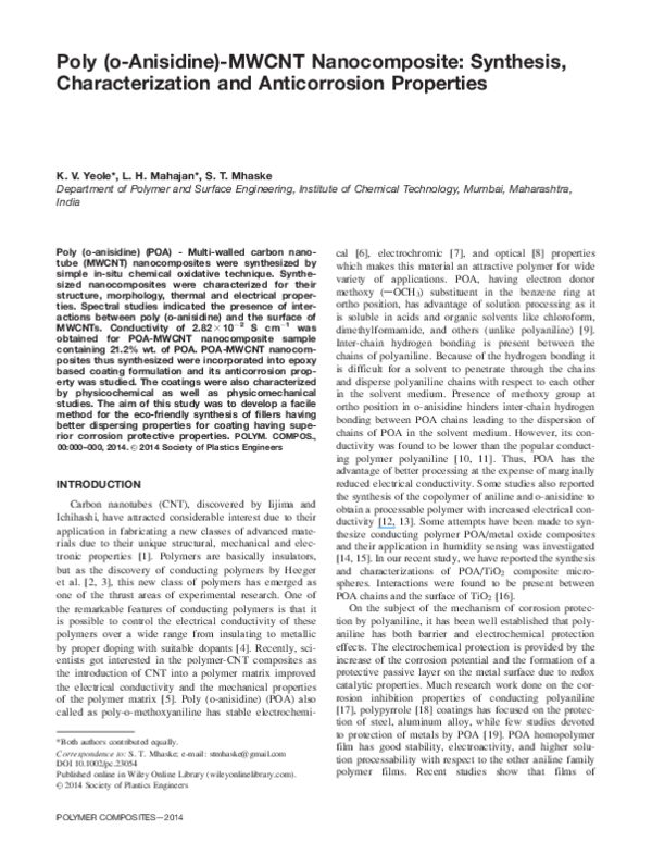 (PDF) Poly (o-anisidine)-MWCNT nanocomposite: Synthesis ...