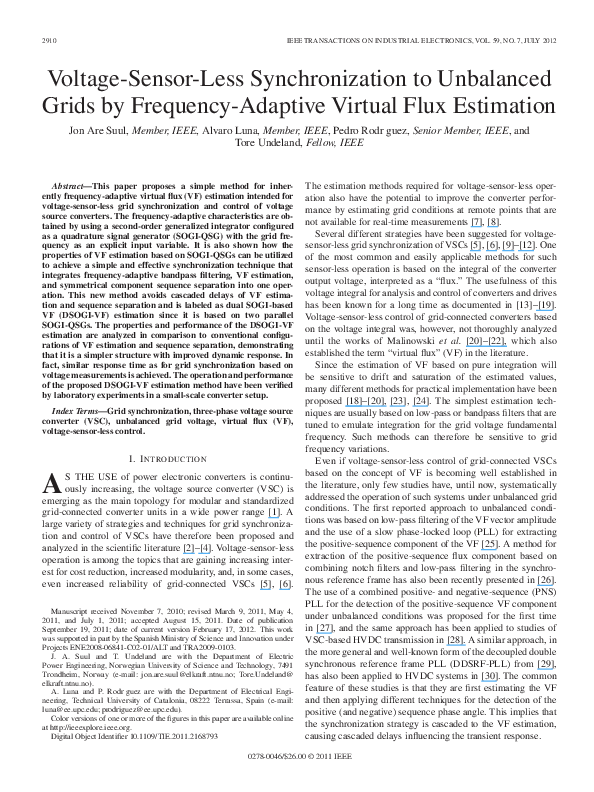 Pdf Voltage Sensor Less Synchronization To Unbalanced Grids By Frequency Adaptive Virtual Flux