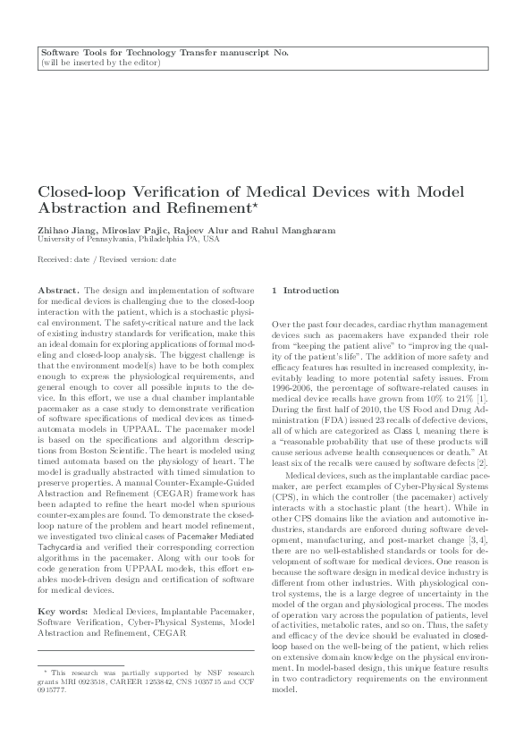 Pdf Closed Loop Verification Of Medical Devices With Model Abstraction And Refinement