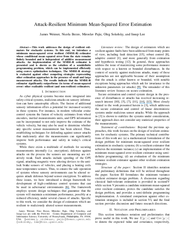 (PDF) Attack-resilient minimum mean-squared error estimation | Miroslav Pajic - Academia.edu