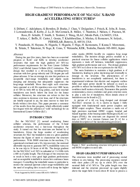 (PDF) High Gradient Performance of NLC/GLC X-Band Accelerating Structures