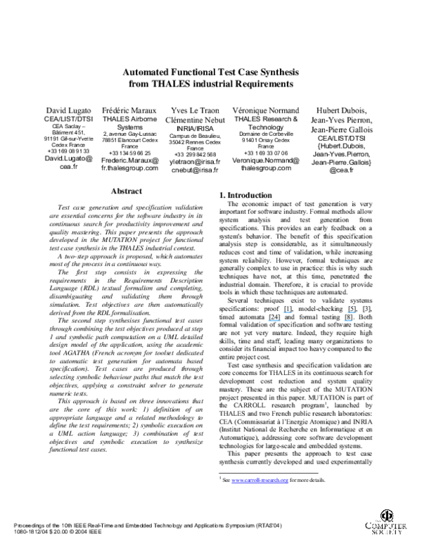 Pdf Automated Functional Test Case Synthesis From Thales Industrial
