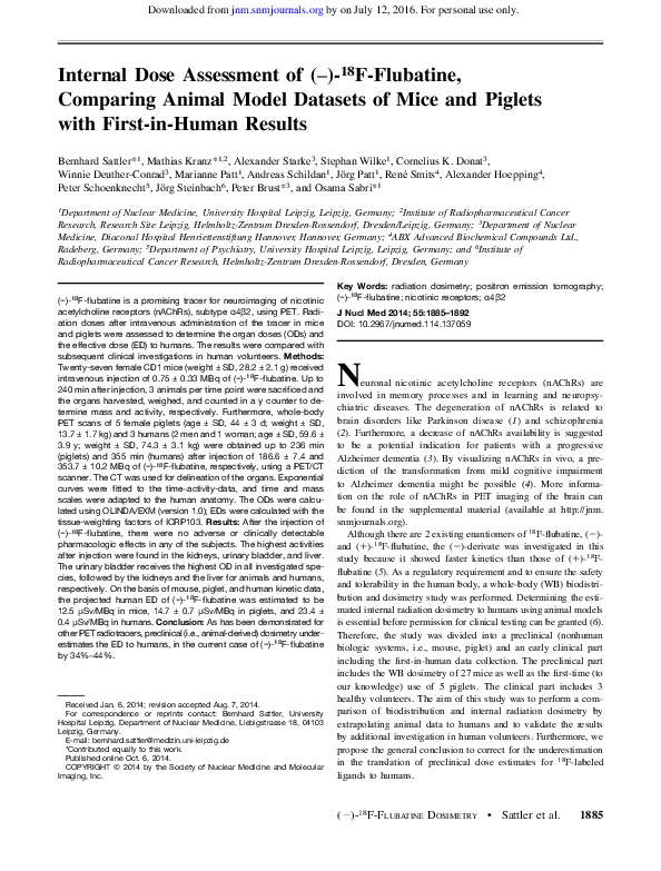 (PDF) Internal Dose Assessment of (-)-18F-Flubatine, Comparing Animal ...