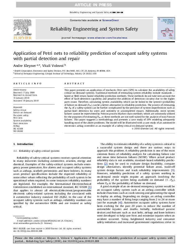(PDF) Application of Petri nets to reliability prediction of occupant safety systems with ...