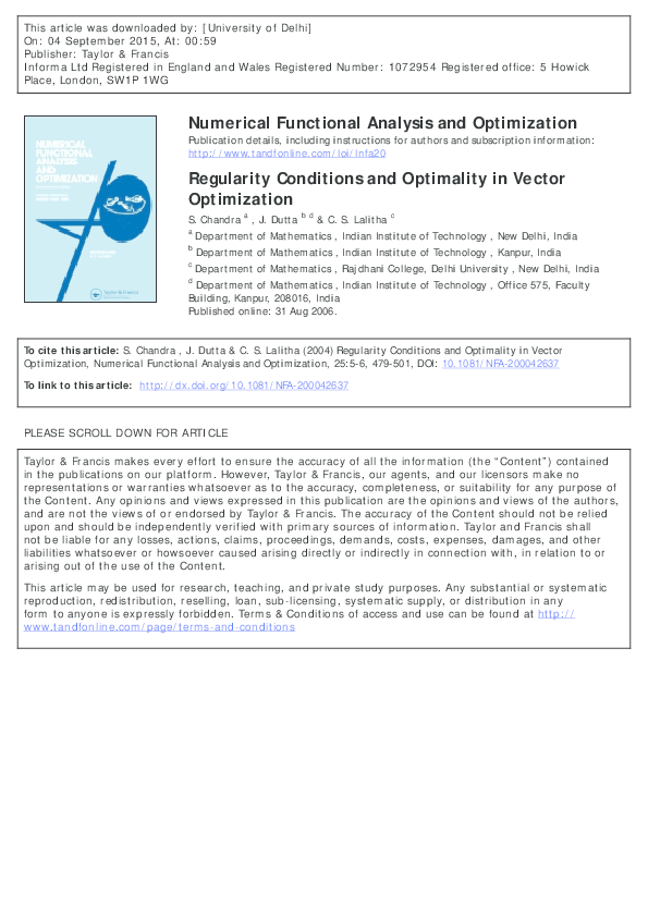 (PDF) Regularity Conditions and Optimality in Vector Optimization