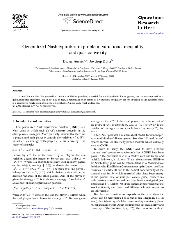 (PDF) Generalized Nash equilibrium problem, variational inequality and quasiconvexity