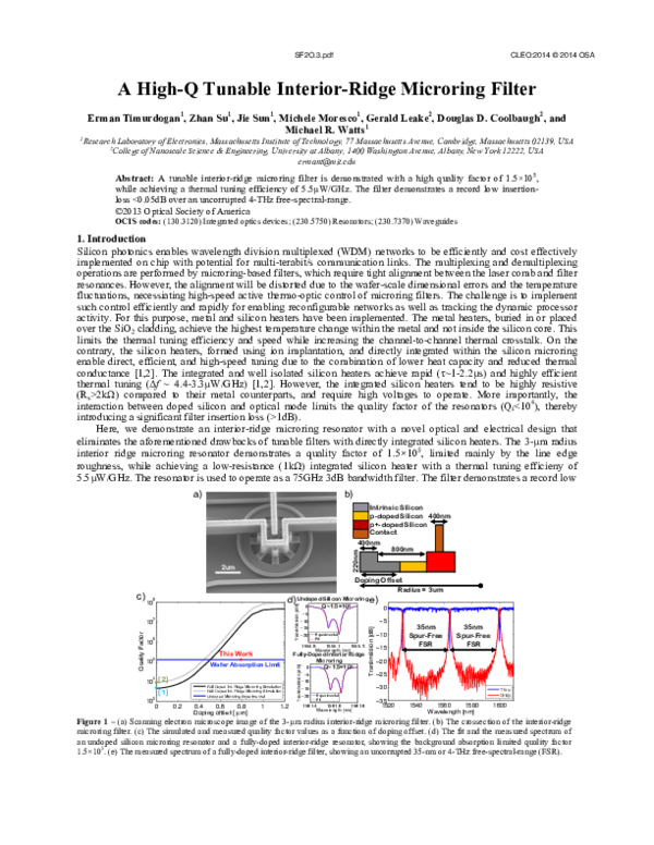 (PDF) A High-Q Tunable Interior-Ridge Microring Filter | Erman ...