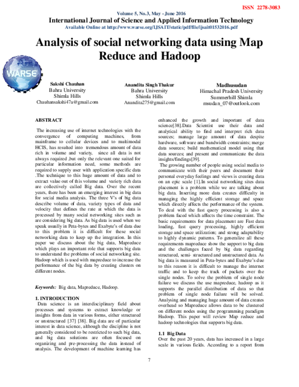 Pdf Analysis Of Social Networking Data Using Map Reduce And Hadoop