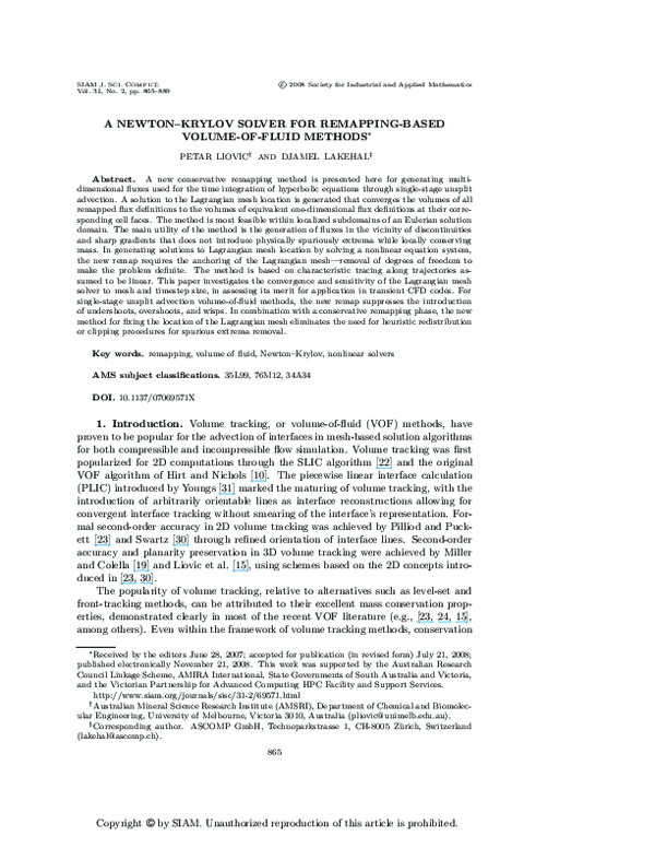 Pdf A Newtonkrylov Solver For Remapping Based Volume Of Fluid Methods