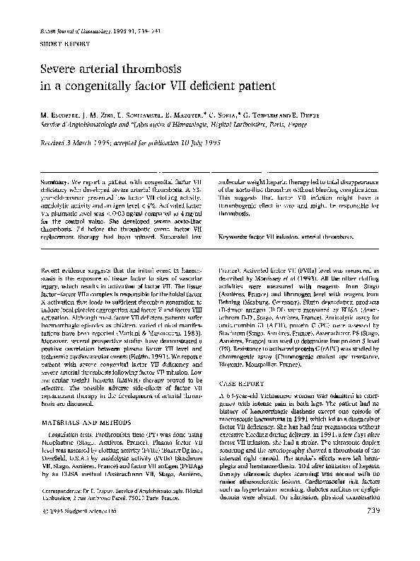 (PDF) Severe arterial thrombosis in a congenitally factor VII deficient ...