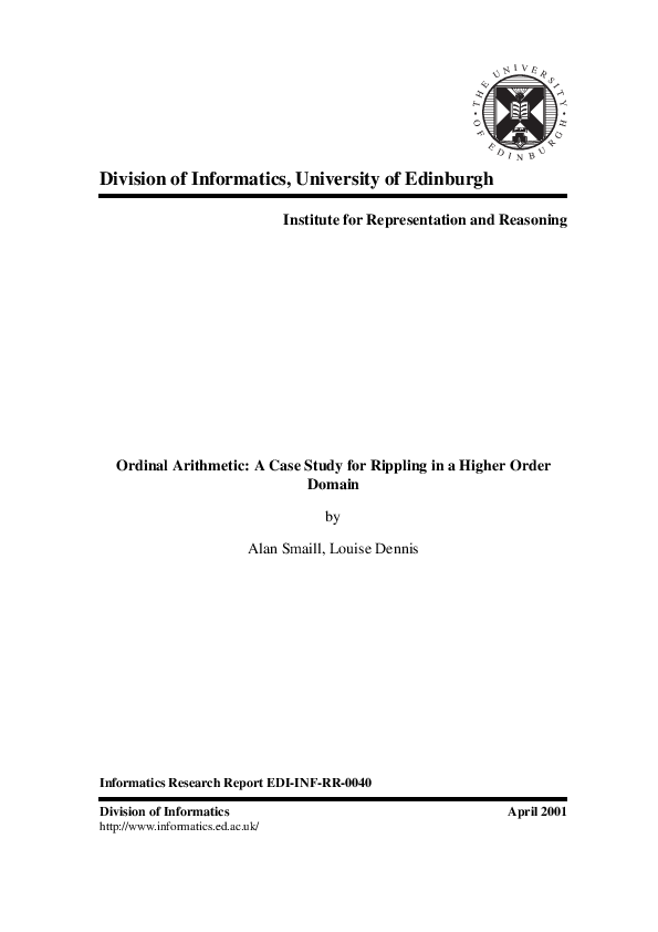 (PDF) Ordinal Arithmetic: A Case Study for Rippling in a Higher Order Domain