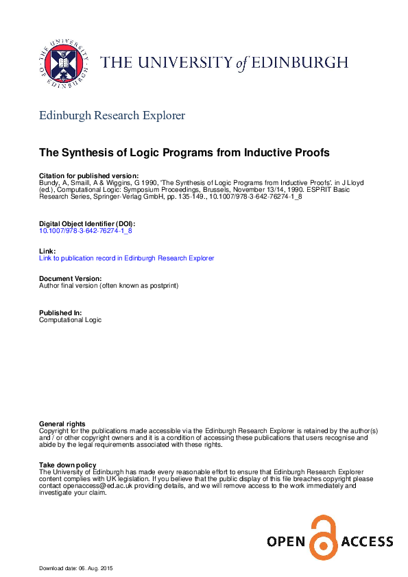 Pdf The Synthesis Of Logic Programs From Inductive Proofs 