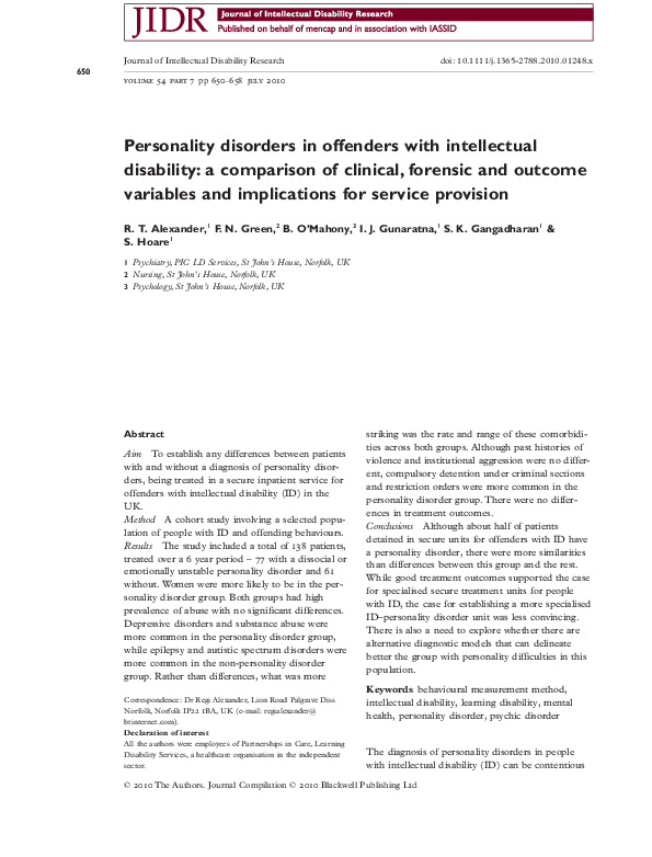 (PDF) Personality disorders in offenders with intellectual disability ...