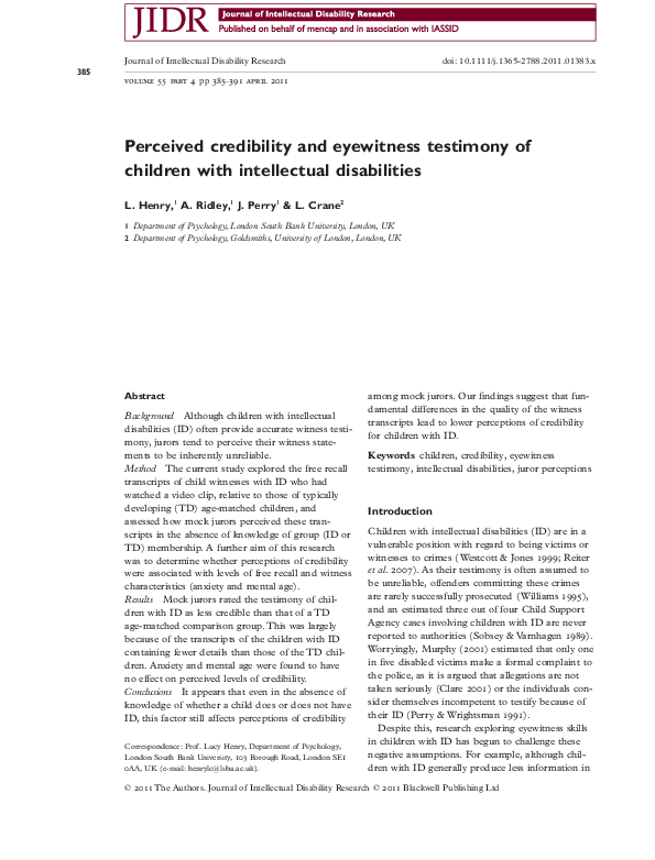 (PDF) Perceived credibility and eyewitness testimony of children with ...