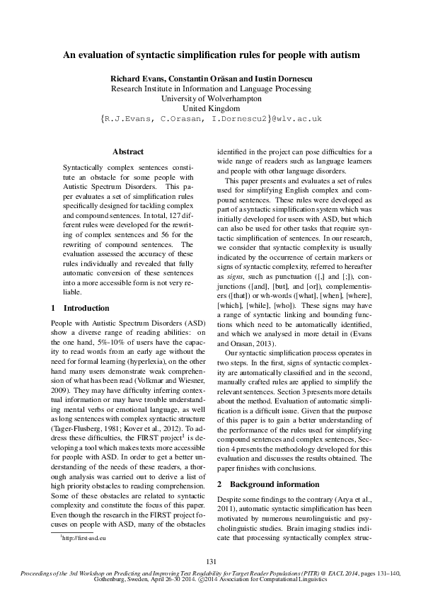 (PDF) An evaluation of syntactic simplification rules for people with ...