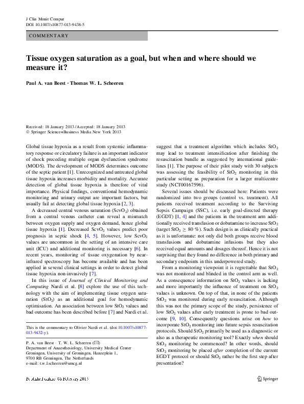 (PDF) Tissue oxygen saturation as a goal, but when and where should we ...