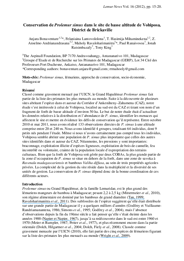 (PDF) Conservation de Prolemur simus dans le site de basse altitude de ...