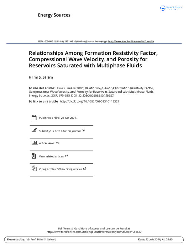 (PDF) Relationships among Formation Resistivity Factor, Compressional ...