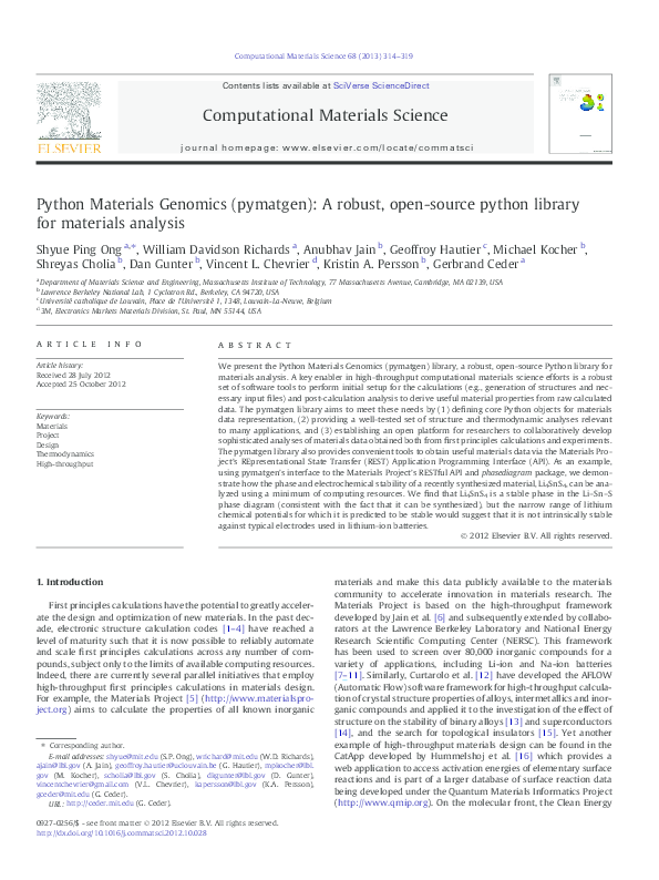 Pdf Python Materials Genomics Pymatgen A Robust Open Source Python Library For Materials 9407