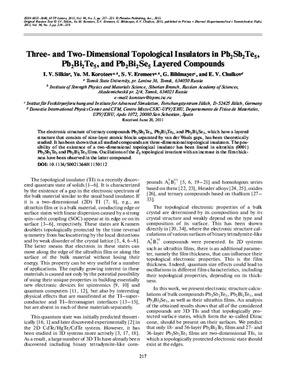 (PDF) Three- and two-dimensional topological insulators in Pb2Sb2Te5, Pb2Bi2Te5, and Pb2Bi2Se5 ...