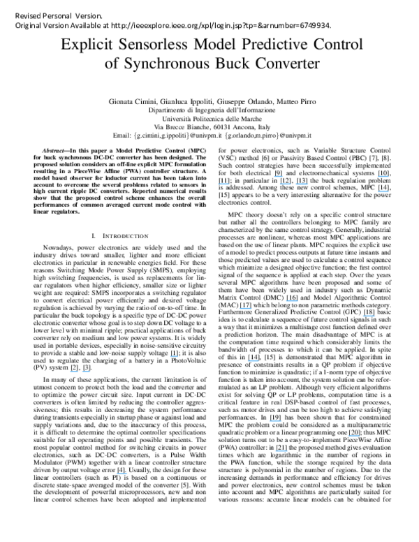 Pdf Explicit Sensorless Model Predictive Control Of Synchronous Buck