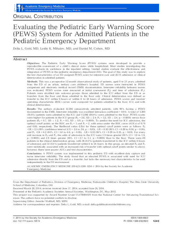 (PDF) Evaluating the Pediatric Early Warning Score (PEWS) system for ...