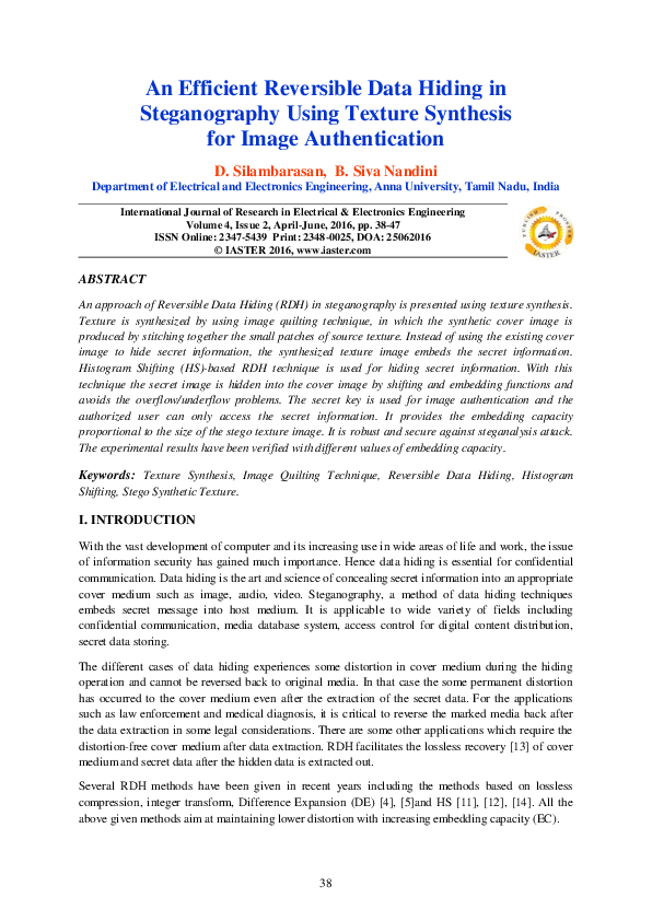 (PDF) An Efficient Reversible Data Hiding in Steganography Using Texture Synthesis for Image ...