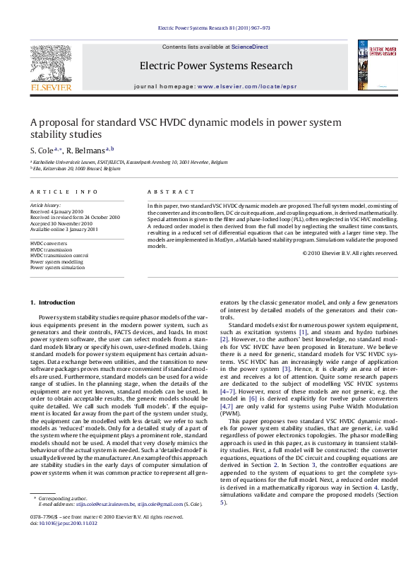 (PDF) A proposal for standard VSC HVDC dynamic models in power system stability studies HVDC ...
