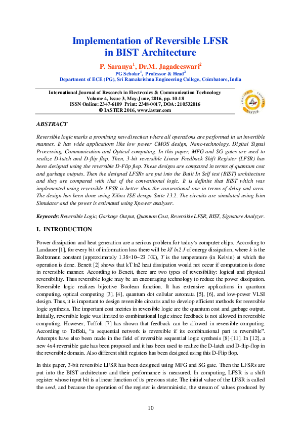 (PDF) Implementation of Reversible LFSR in BIST Architecture | IASTER Research Journals ...