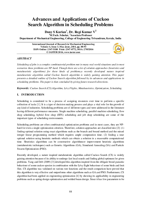 Pdf Advances And Applications Of Cuckoo Search Algorithm In Scheduling Problems