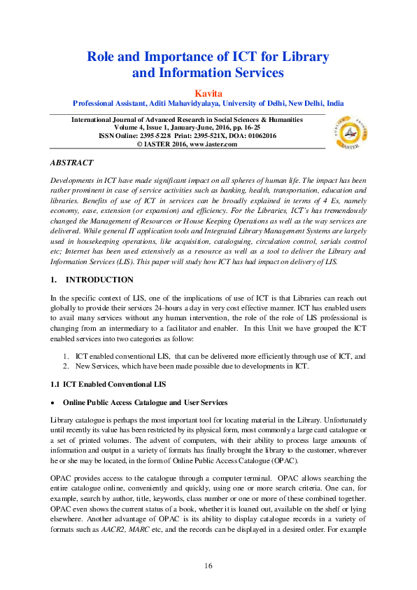 (PDF) Role and Importance of ICT for Library and Information Services
