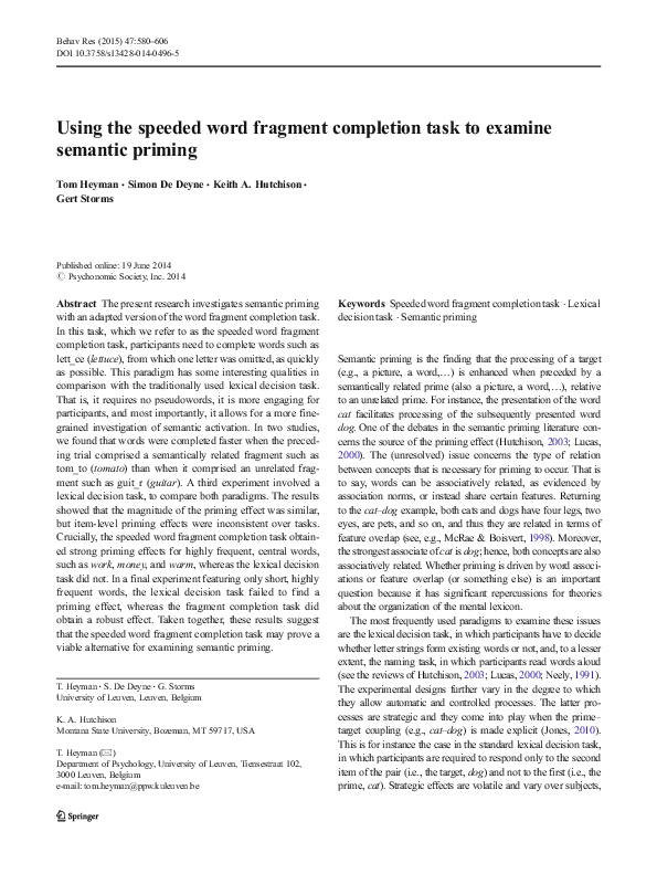 Pdf Using The Speeded Word Fragment Completion Task To Examine