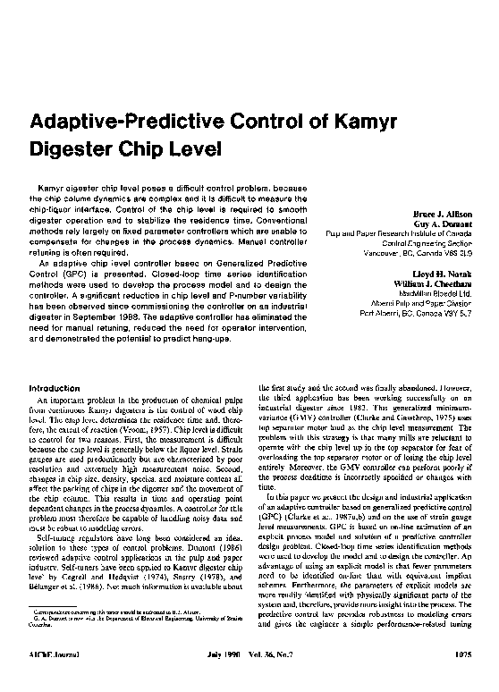 (PDF) Adaptive-predictive control of kamyr digester chip level