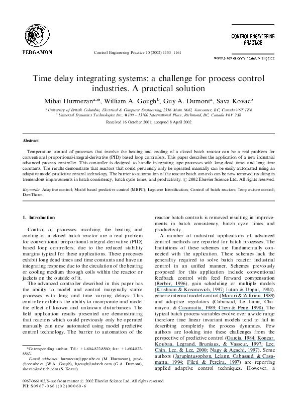 (PDF) Time delay integrating systems: a challenge for process control industries. A practical ...