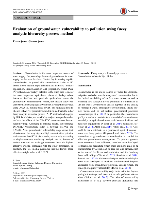 Pdf Evaluation Of Groundwater Vulnerability To Pollution Using Fuzzy Analytic Hierarchy