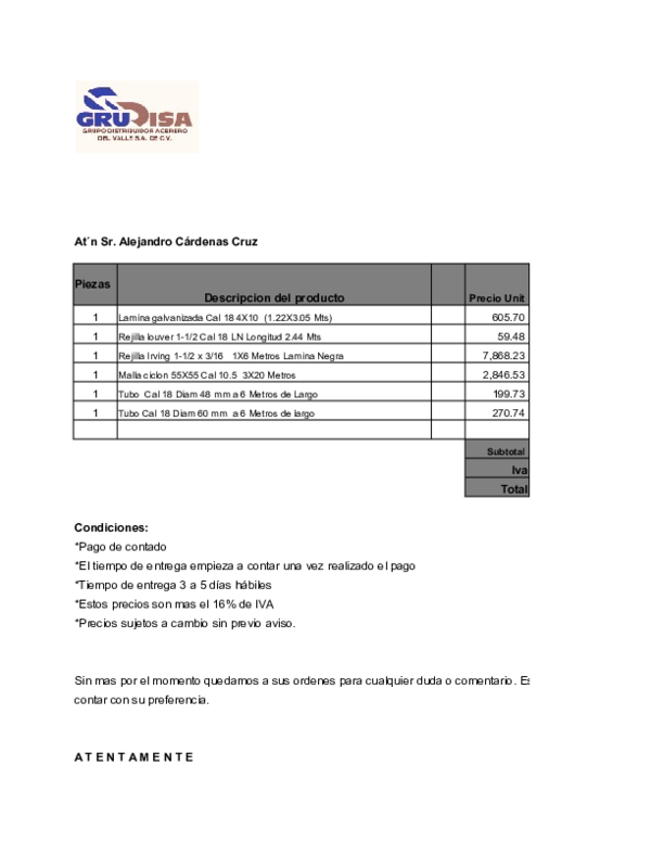 (XLS) COTIZACION 894 MALLA CICLONICA ALEJANDRO CARDENAS | Dipro Sc ...