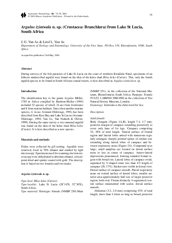 (PDF) Argulus izintwala n. sp. (Crustacea: Branchiura) from Lake St ...
