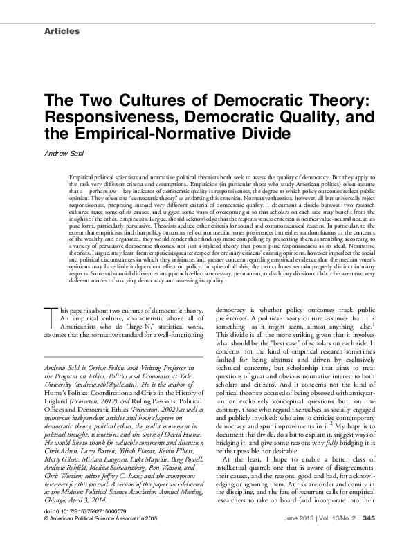 The Two Cultures of Democratic Theory: Responsiveness, Democratic ...