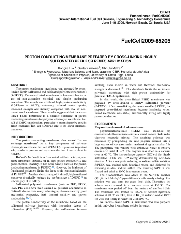 (PDF) Proton Conducting Membrane Prepared by Cross-Linking Highly ...