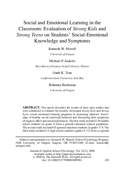 (PDF) Social and Emotional Learning in the Classroom: Evaluation of ...