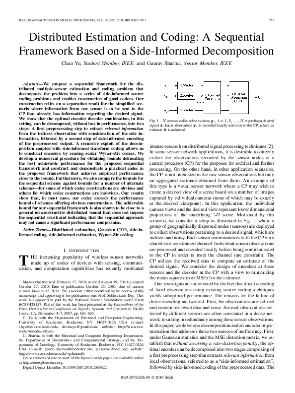 Pdf Distributed Estimation And Coding A Sequential Framework Based On A Side Informed