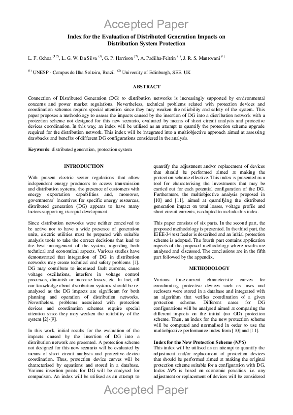 Pdf Index For The Evaluation Of Distributed Generation Impacts On