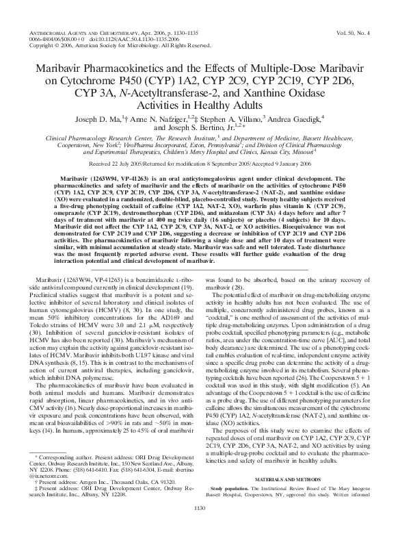 (PDF) Maribavir Pharmacokinetics and the Effects of Multiple-Dose Maribavir on Cytochrome P450 ...
