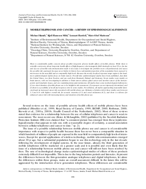 (PDF) MOBILE TELEPHONES AND CANCER—A REVIEW OF EPIDEMIOLOGICAL EVIDENCE (PDF) MOBILE TELEPHONES AND CANCER—A REVIEW OF EPIDEMIOLOGICAL EVIDENCE