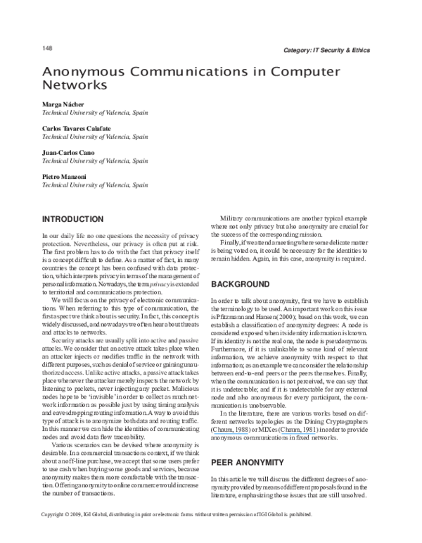 (PDF) Anonymous Communications in Computer Networks