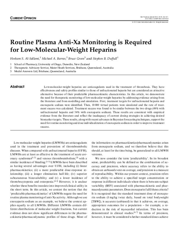 (PDF) Routine Plasma Anti-Xa Monitoring is Required for Low-Molecular-Weight Heparins