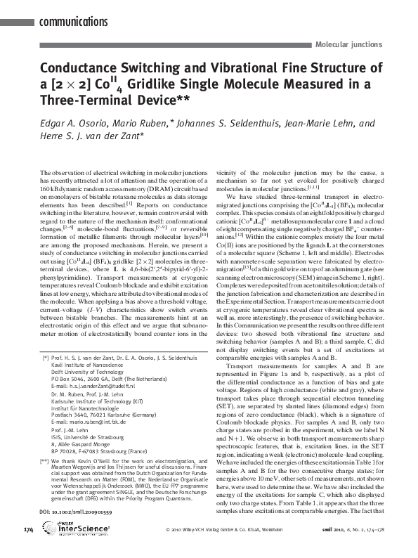 (PDF) Conductance Switching and Vibrational Fine Structure of a [2 × 2 ...